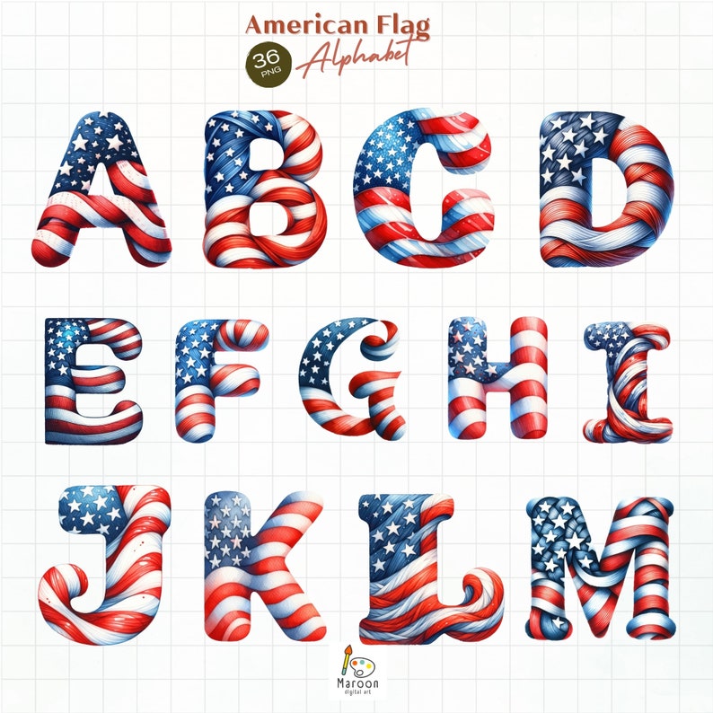 Watercolor American Flag Alphabet Clipart, Patriotic PNG Letters ...