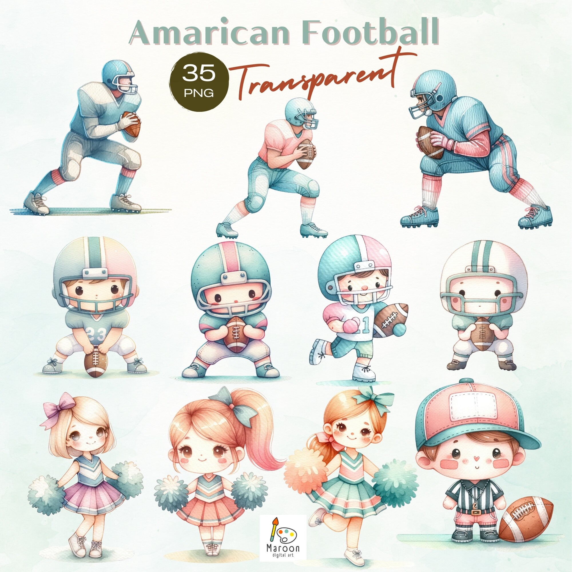 Watercolor Cute American Football Clipart Set, Cute Sports ...