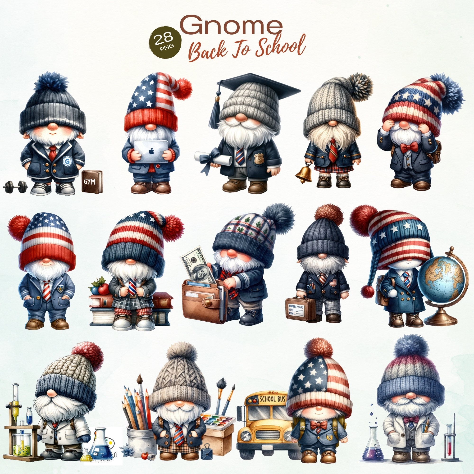 Watercolor Back to School Gnome Collection, Patriotic Digital Clipart ...