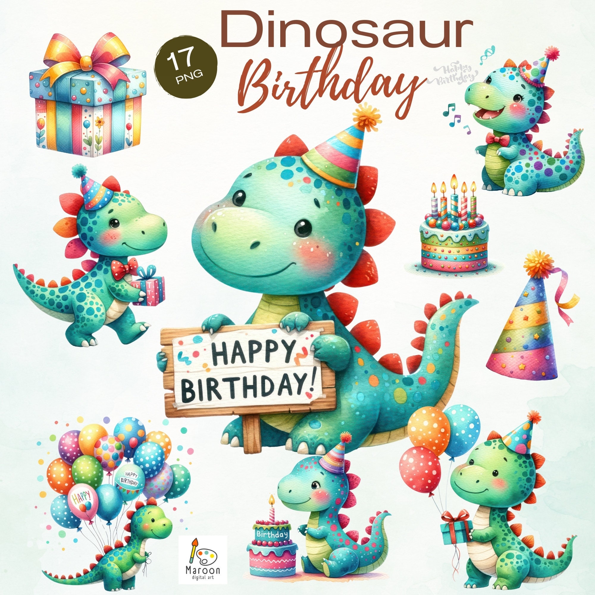 Watercolor Dinosaur Birthday Party Clipart, Dino Party Extravaganza ...