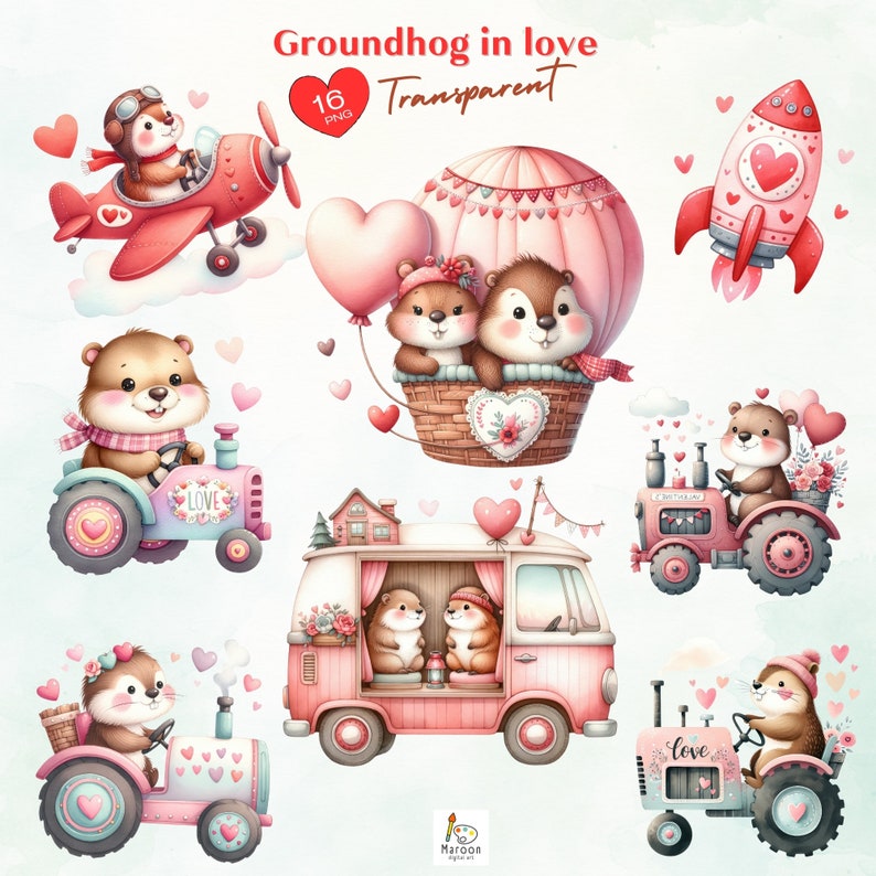 Watercolor Groundhog in Love Clip Art, Valentines Truck Clipart Png ...