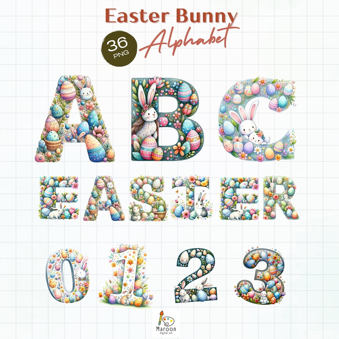 Watercolor Easter Alphabet Clipart With Bunnies and Eggs, Stylish PNG ...