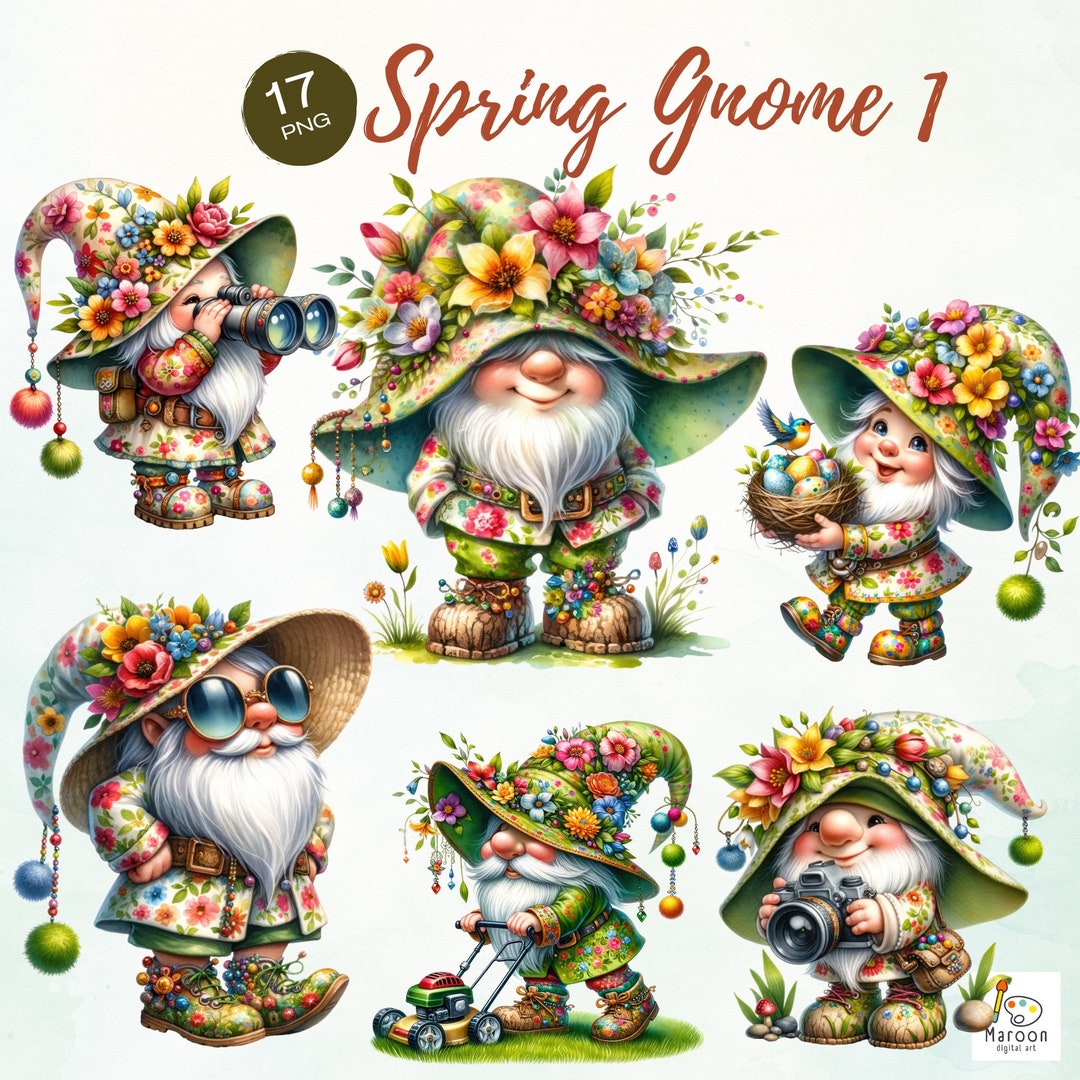 Watercolor Spring Gnomes Clipart, Spring Decor, Garden Gnome, Digital ...