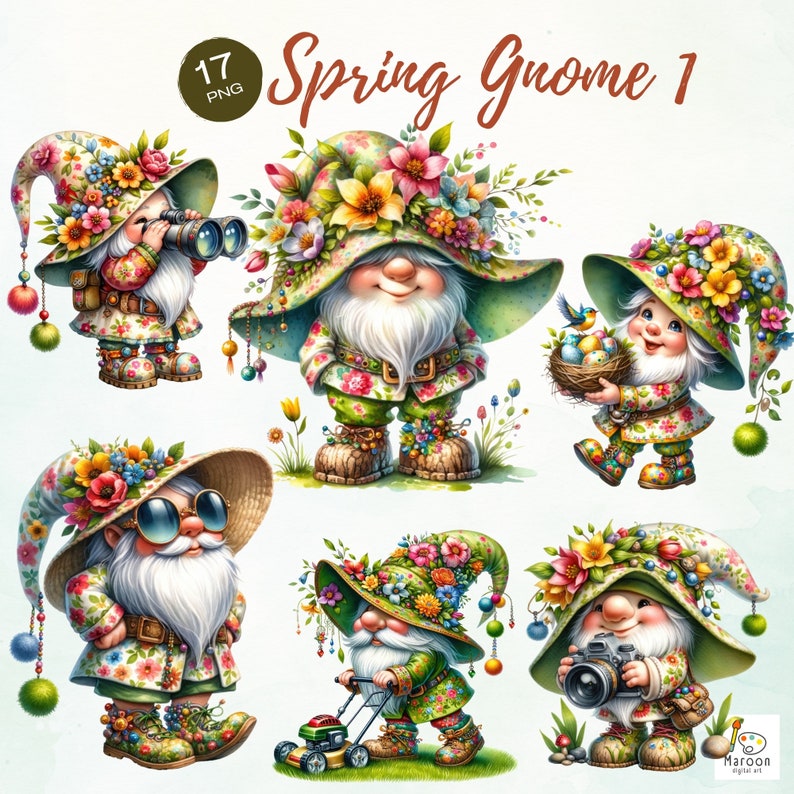 Watercolor Spring Gnomes Clipart, Spring Decor, Garden Gnome, Digital ...
