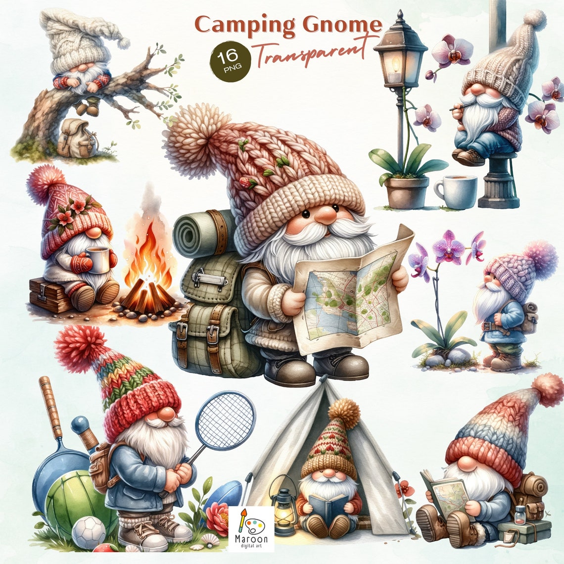 Watercolor Camping Gnome Clipart, Cute Gnome Backpack Travel Junk ...