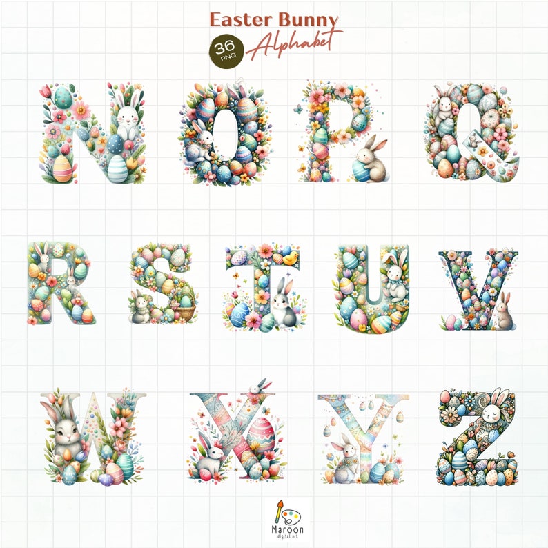 Watercolor Easter Alphabet Clipart With Bunnies and Eggs, Stylish PNG ...