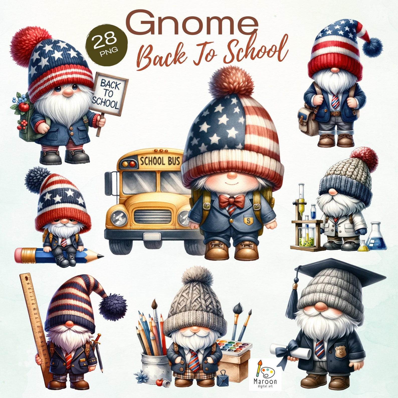 Watercolor Back to School Gnome Collection, Patriotic Digital Clipart ...