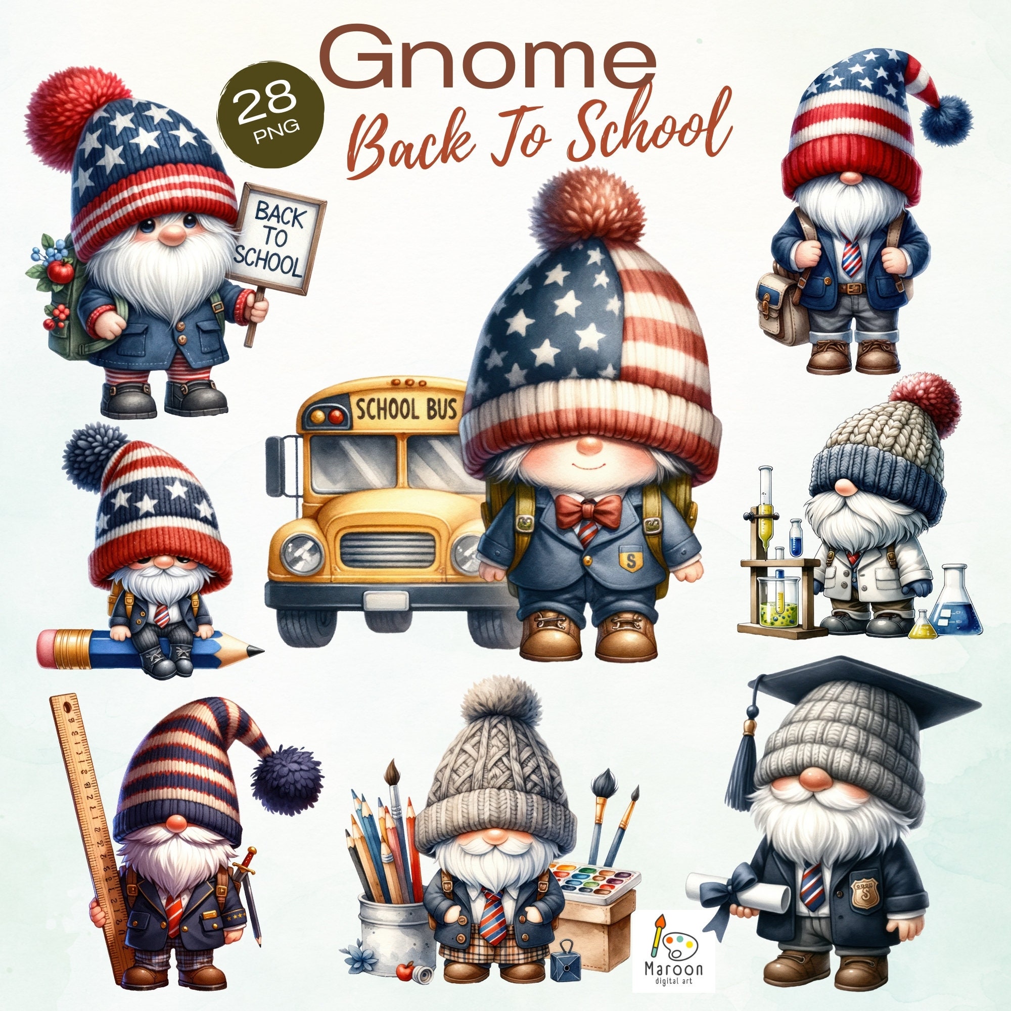 Watercolor Back to School Gnome Collection, Patriotic Digital Clipart ...