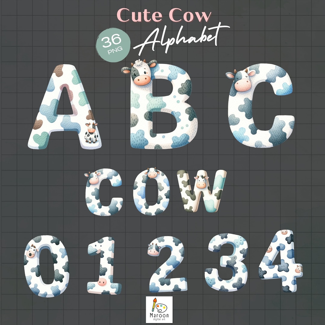 Watercolor Cute Cow Alphabet Clipart, Playful Cow PNG Letters & Numbers ...