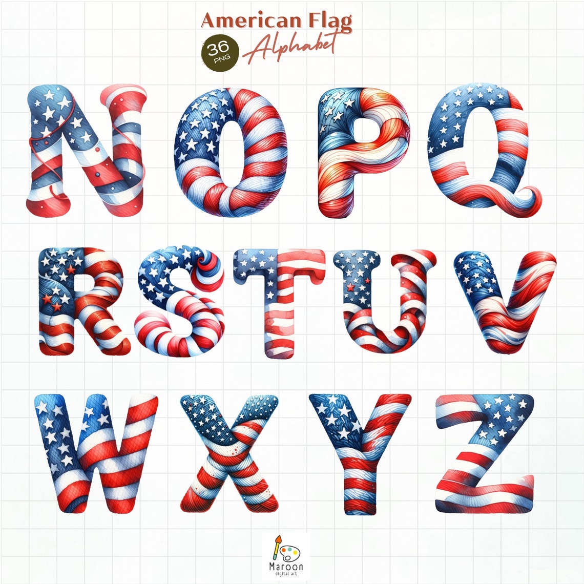 Watercolor American Flag Alphabet Clipart, Patriotic PNG Letters ...