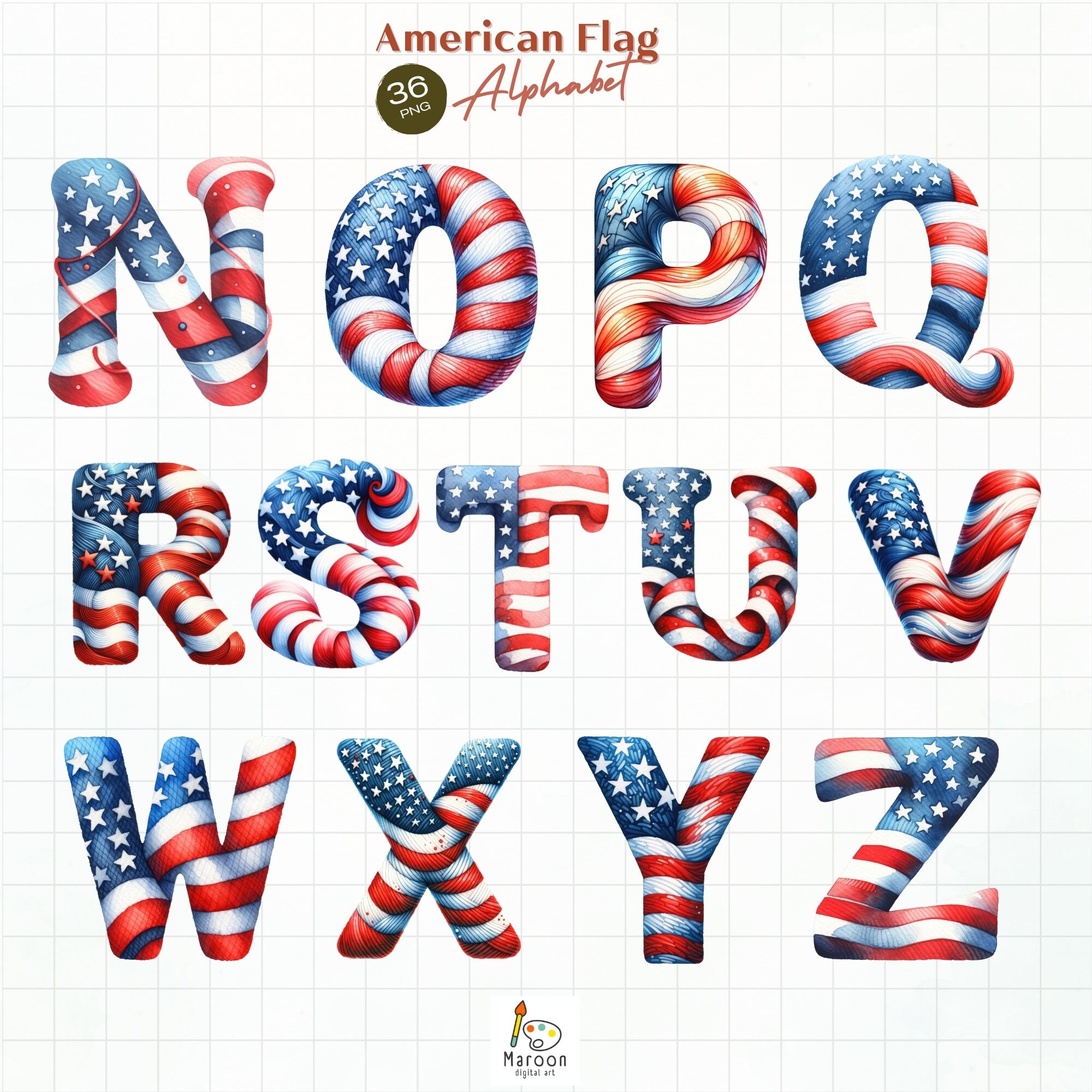 Watercolor American Flag Alphabet Clipart, Patriotic PNG Letters ...