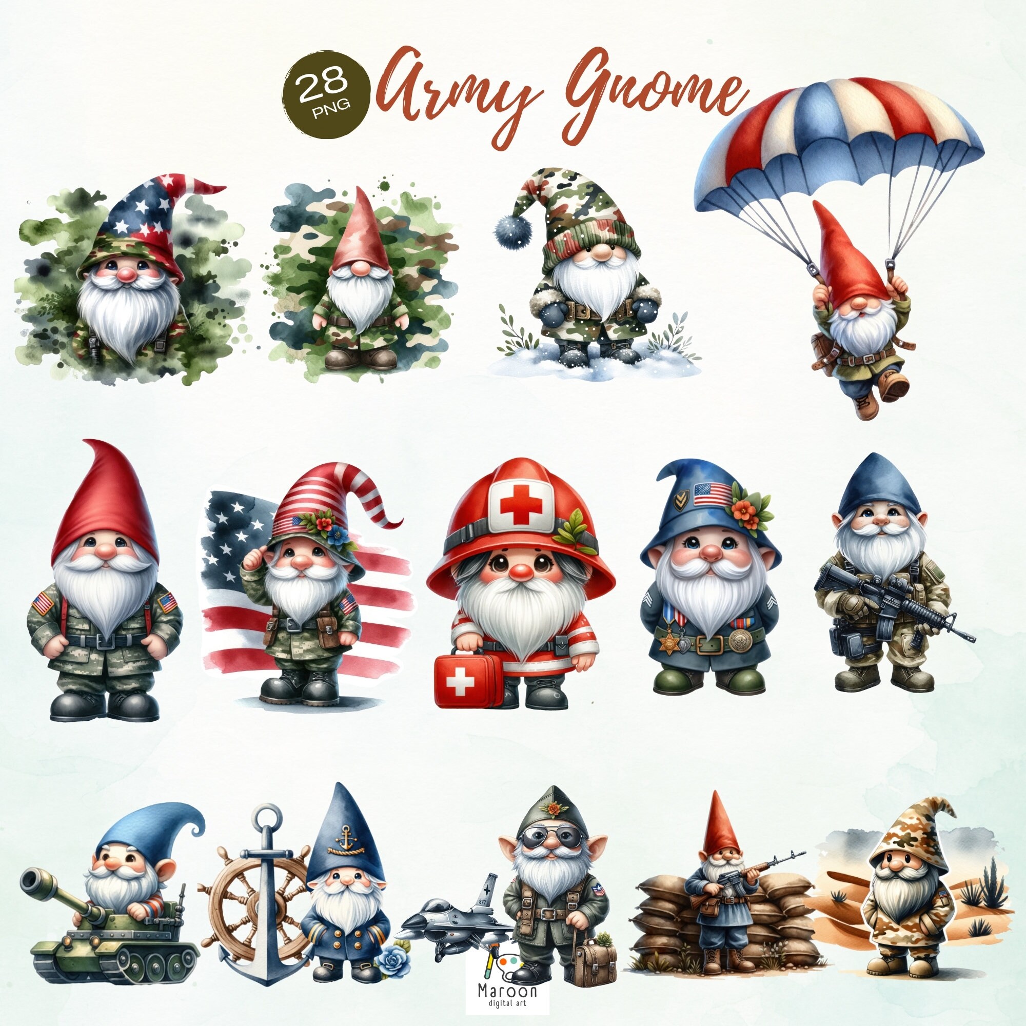 Watercolor Army Gnomes Clipart, Clipart for Commercial Use, Camouflage ...