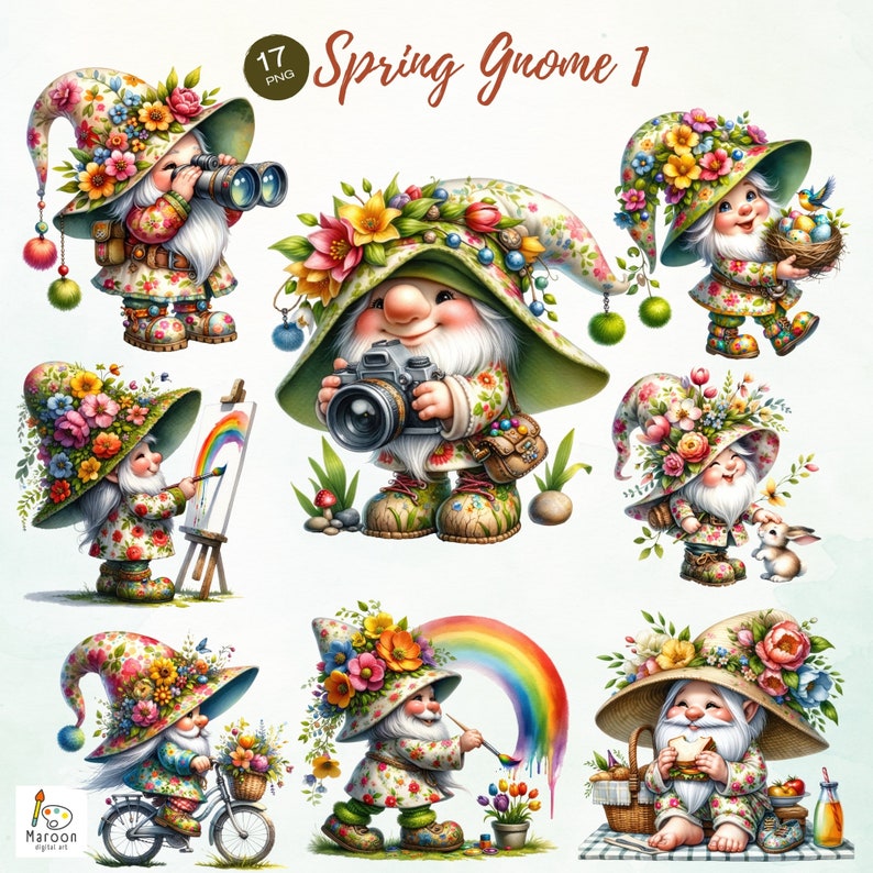 Watercolor Spring Gnomes Clipart, Spring Decor, Garden Gnome, Digital ...