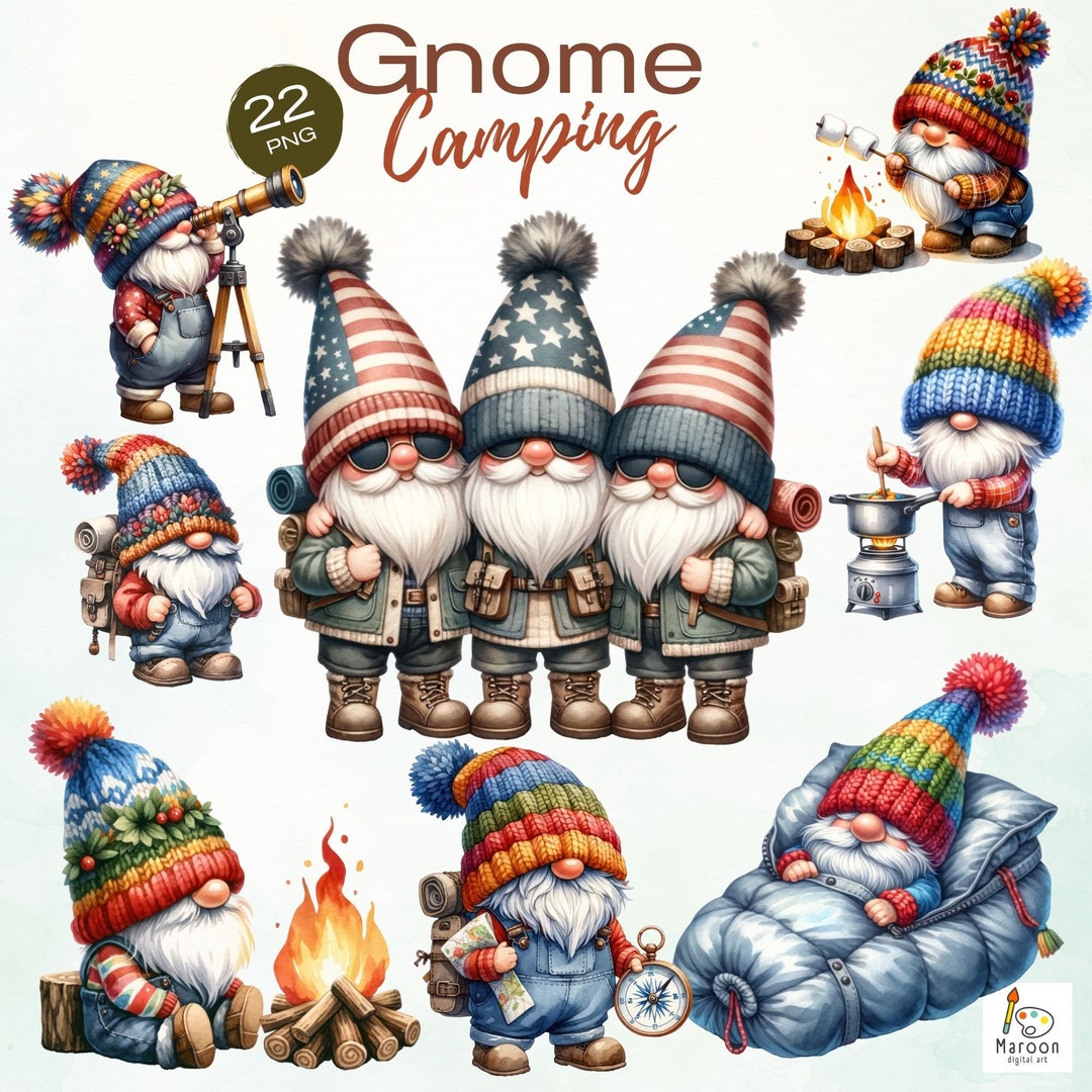 Watercolor Camping Gnome Clipart, Cute Gnome Backpack Travel Junk ...