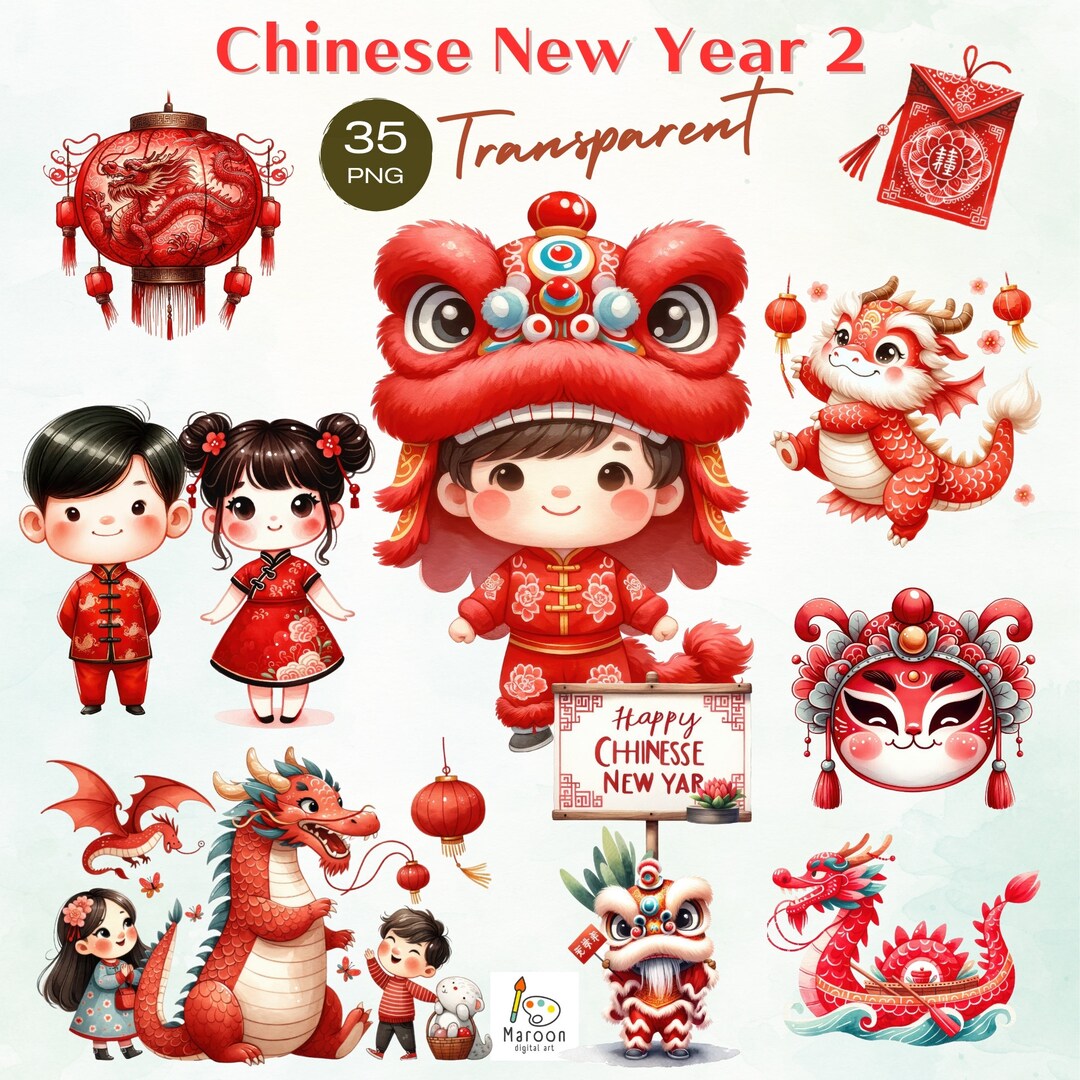 Chinese New Year Watercolor Clipart, Cute Dragon Clipart, Lion Dance ...