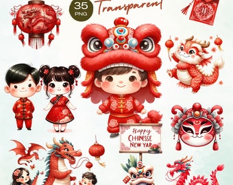 2024 Cute Dragon Clipart, Chinese New Year Watercolor Clipart, Lion ...