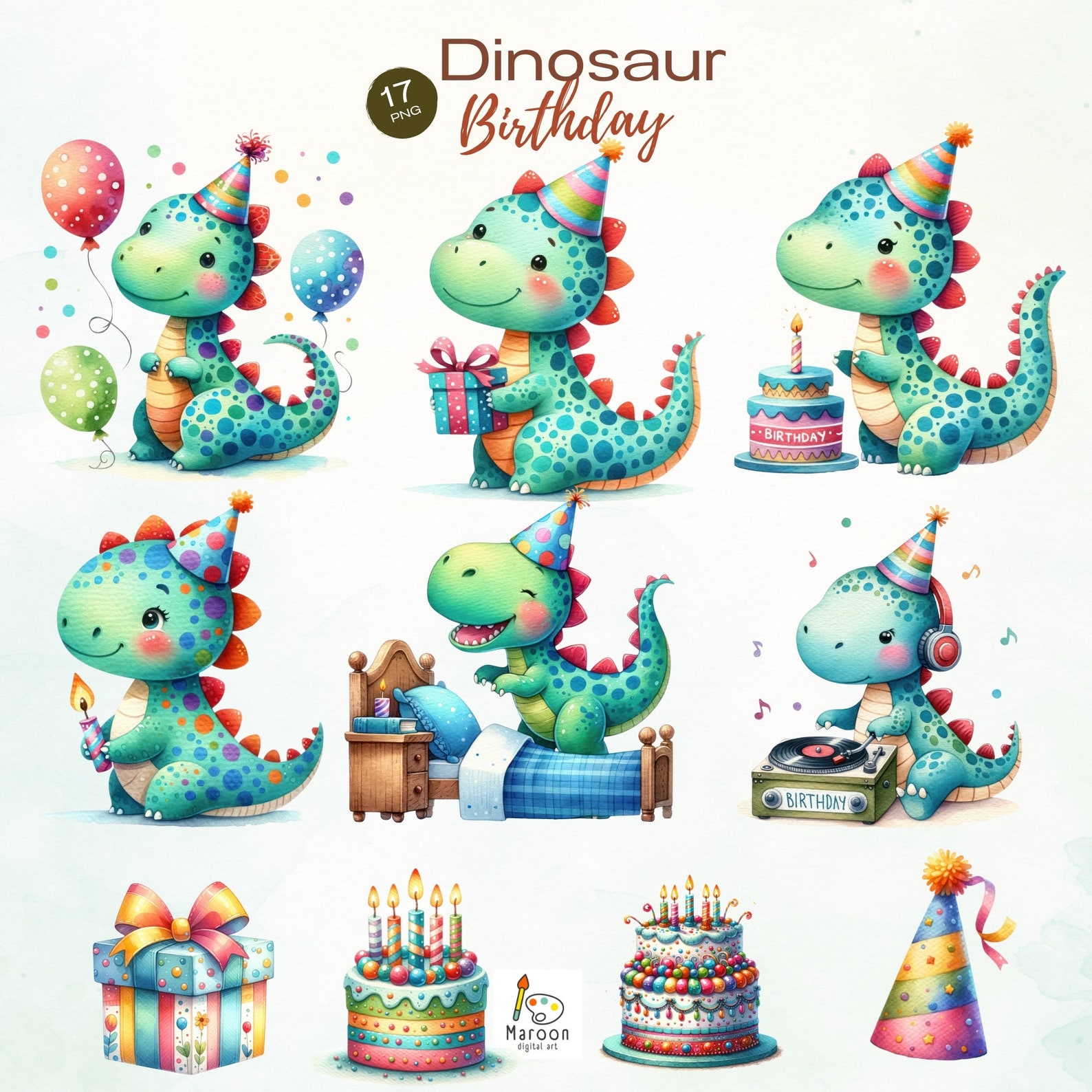 Watercolor Dinosaur Birthday Party Clipart, Dino Party Extravaganza ...