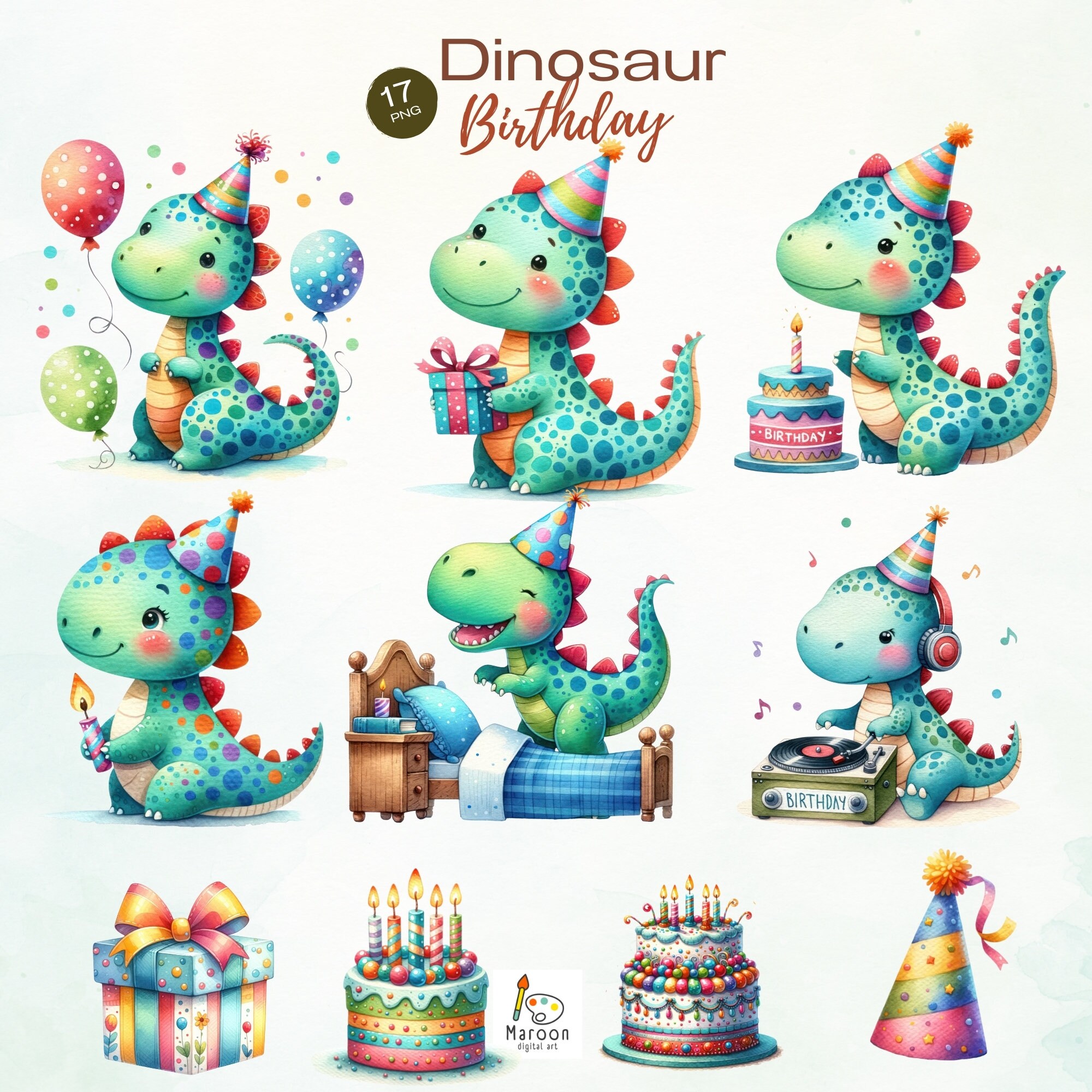 Watercolor Dinosaur Birthday Party Clipart, Dino Party Extravaganza ...