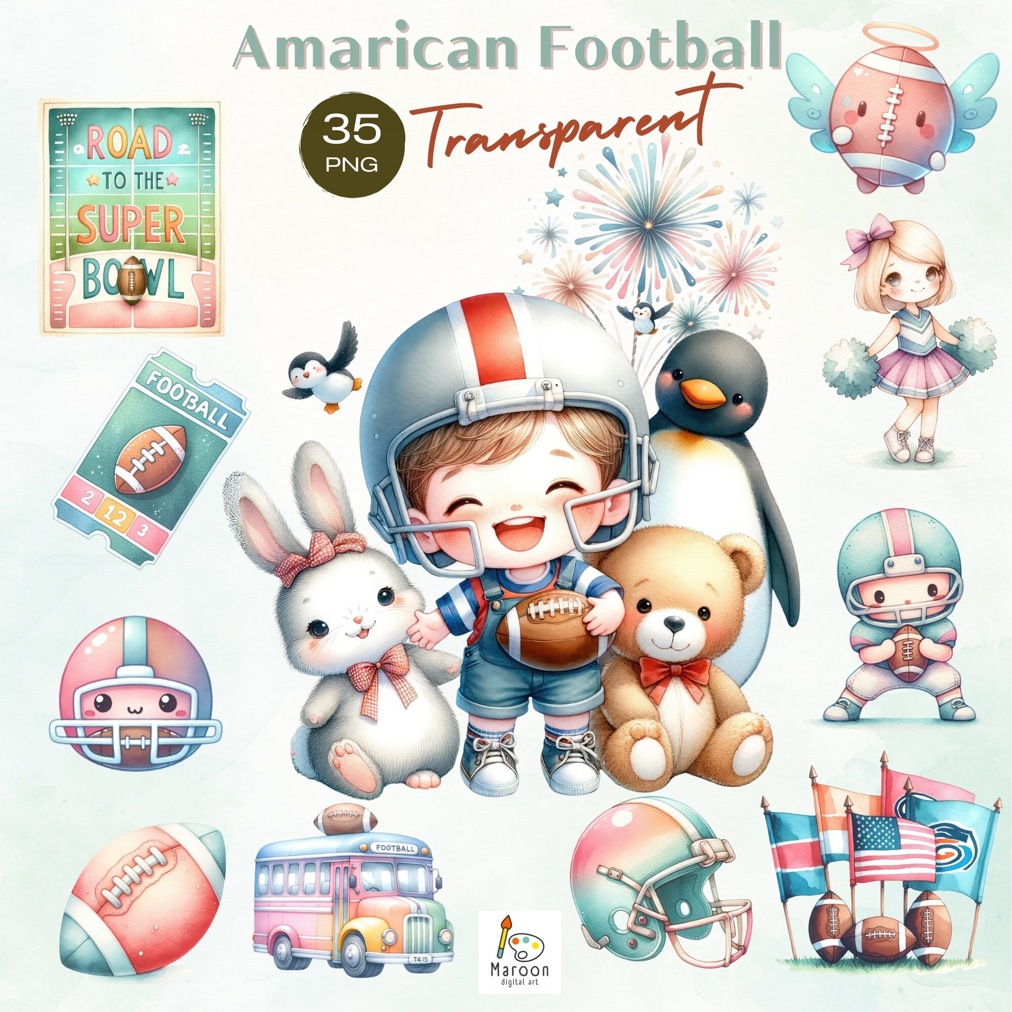 Watercolor Cute American Football Clipart Set, Cute Sports ...