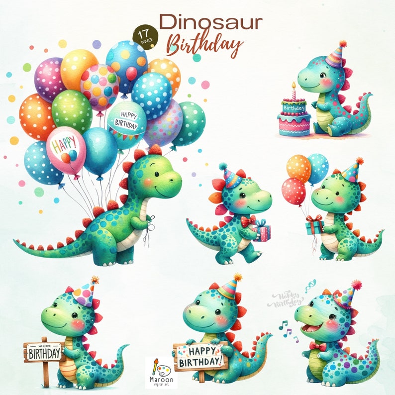 Watercolor Dinosaur Birthday Party Clipart, Dino Party Extravaganza ...