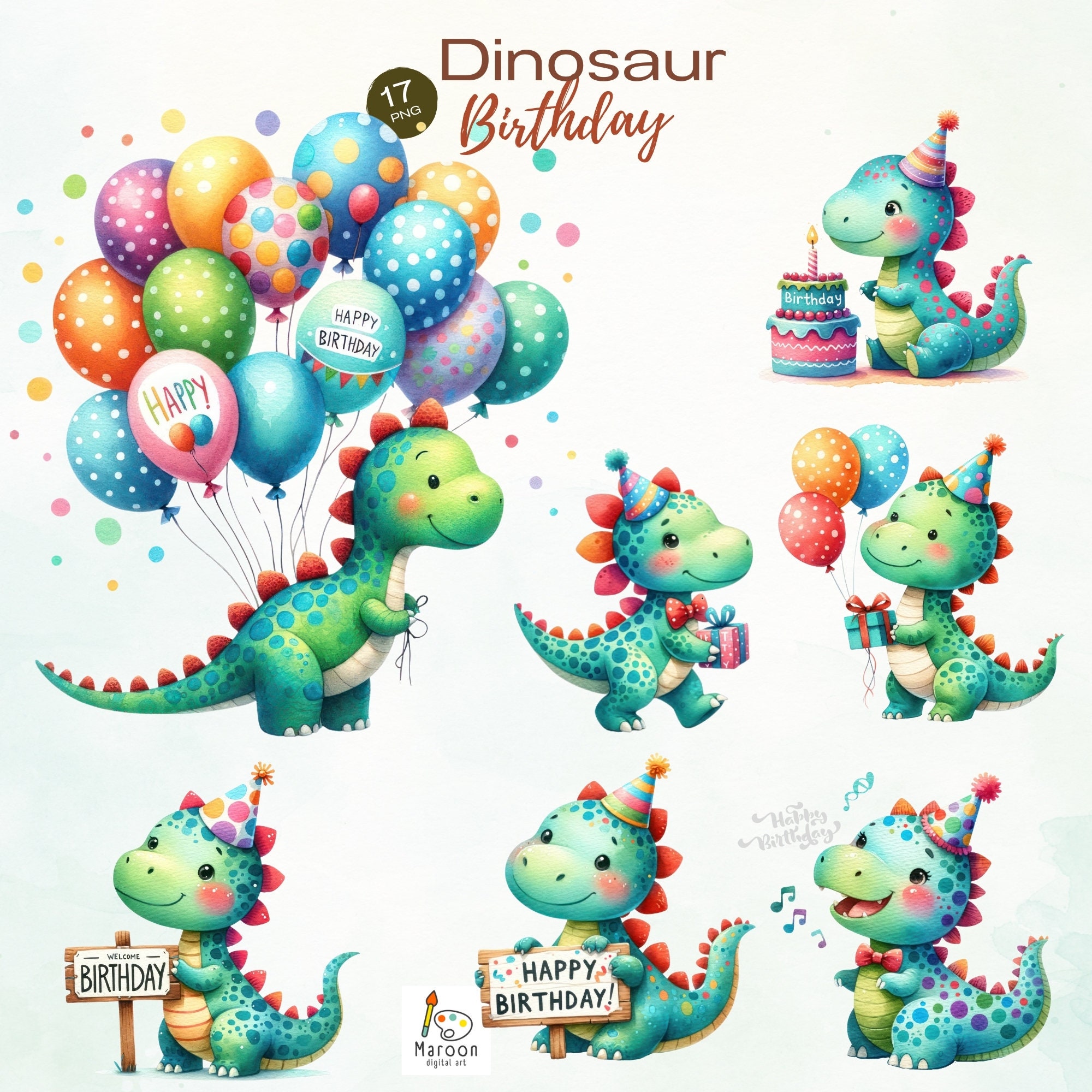 Watercolor Dinosaur Birthday Party Clipart, Dino Party Extravaganza ...