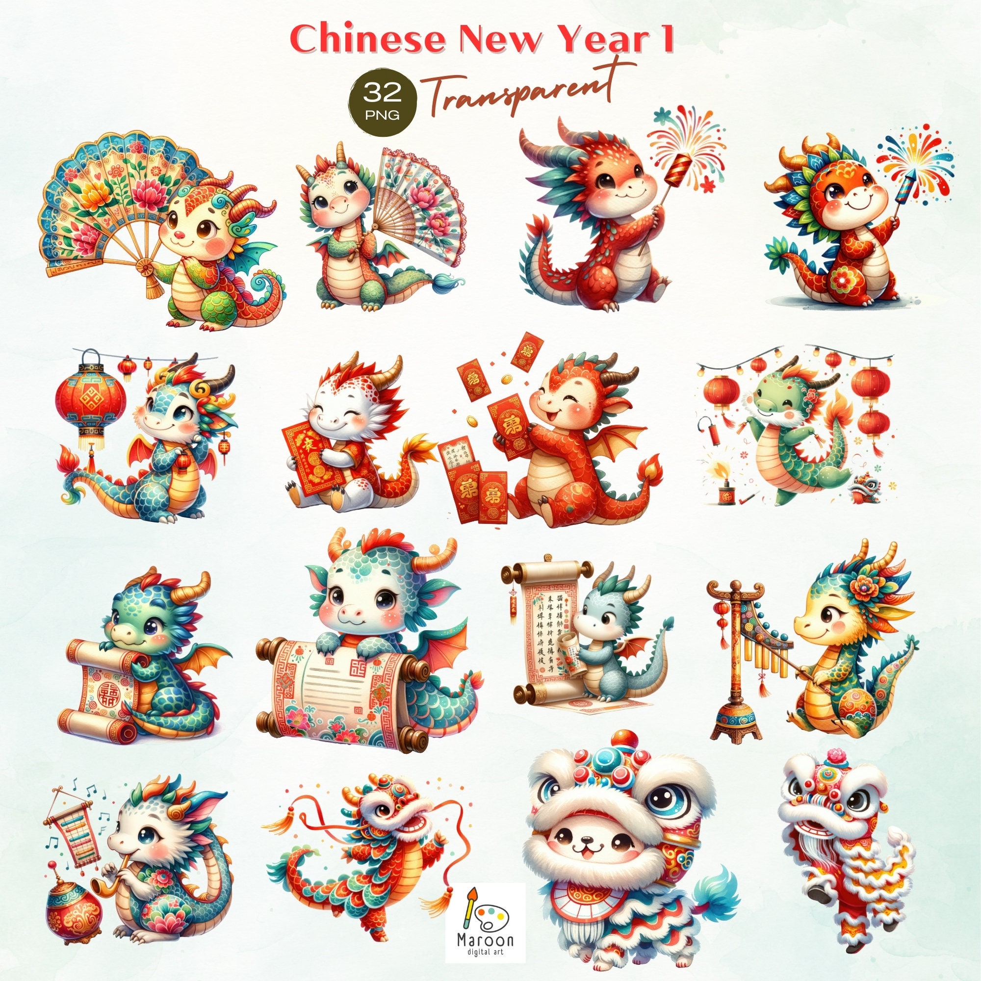 Chinese New Year Watercolor Clipart, Cute Dragon Clipart, Lion Dance ...