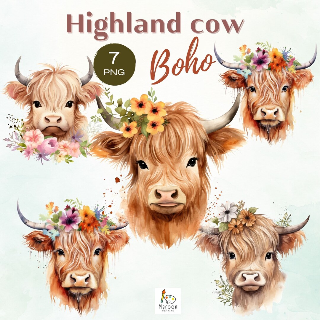 Boho Baby Highland Cow Watercolor Clipart, Clipart for Commercial Use ...