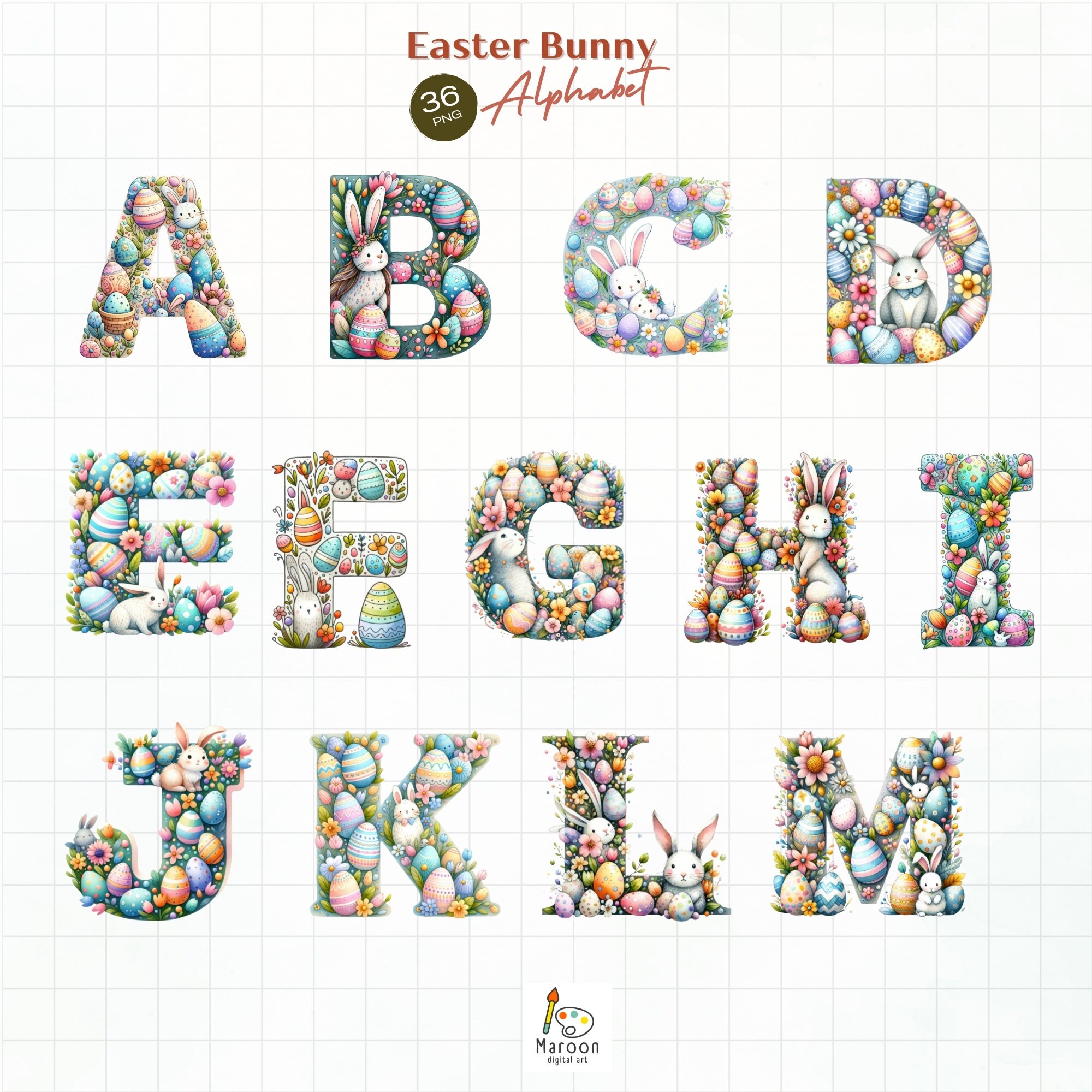 Watercolor Easter Alphabet Clipart With Bunnies and Eggs, Stylish PNG ...
