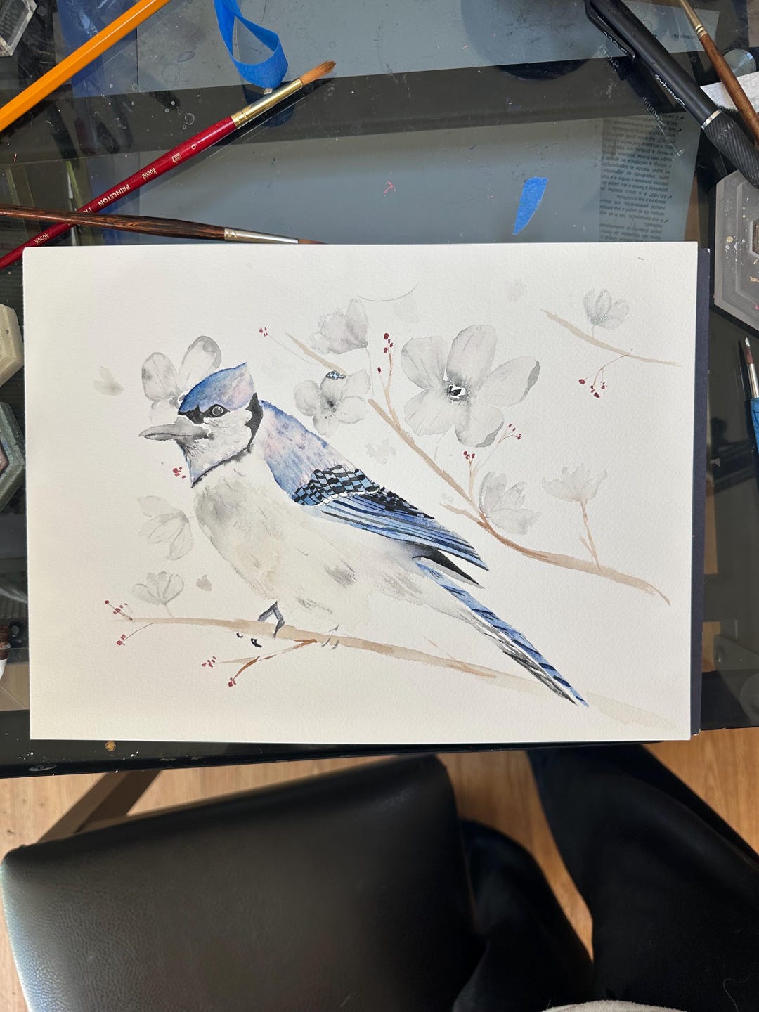 Winter Watercolor Florals With Blue Jay Bird Original Painting 9 X 12in ...