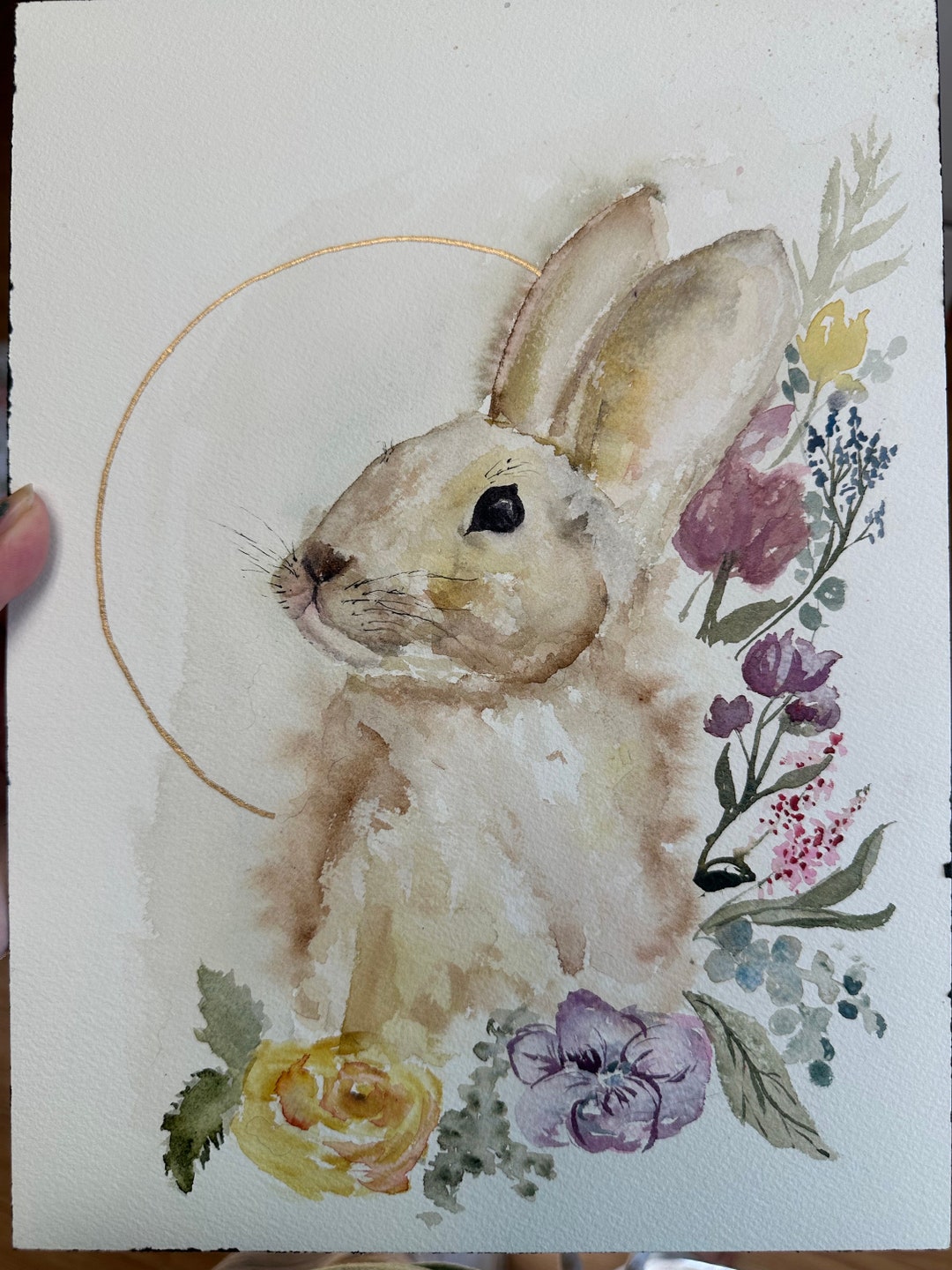 Easter Bunny With Spring Flowers 9 X 12 in Handpainted Watercolor ...