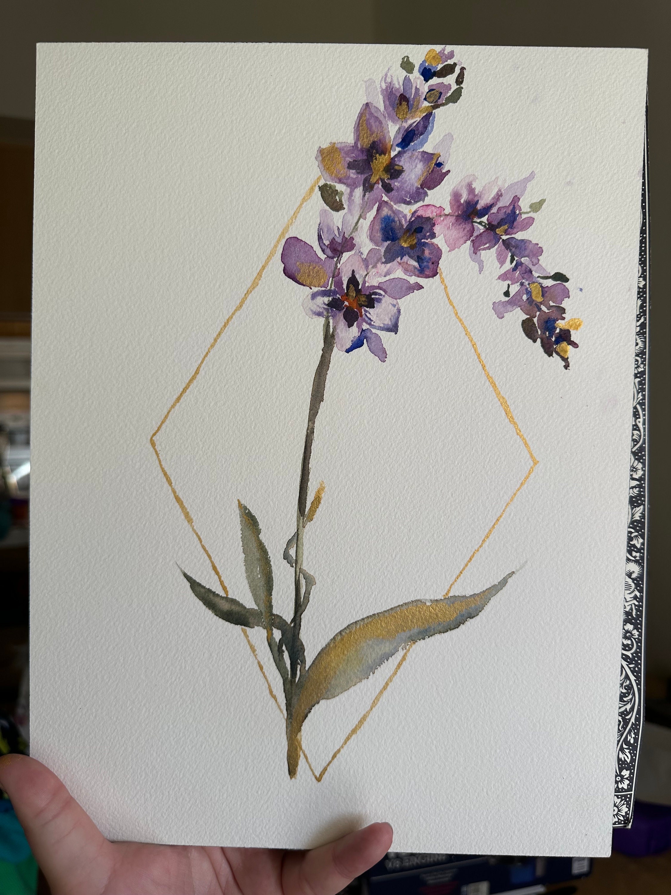 Purple and Gold Floral Diamond Handpainted Watercolor Original on ...