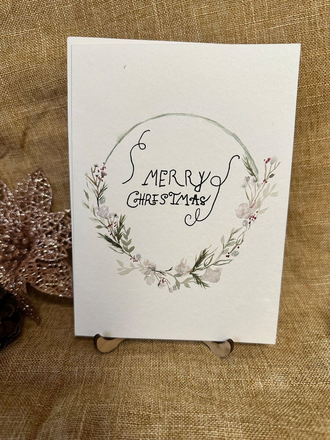 Handpainted Watercolor Christmas Card Festive Wreath 5x7 - Etsy