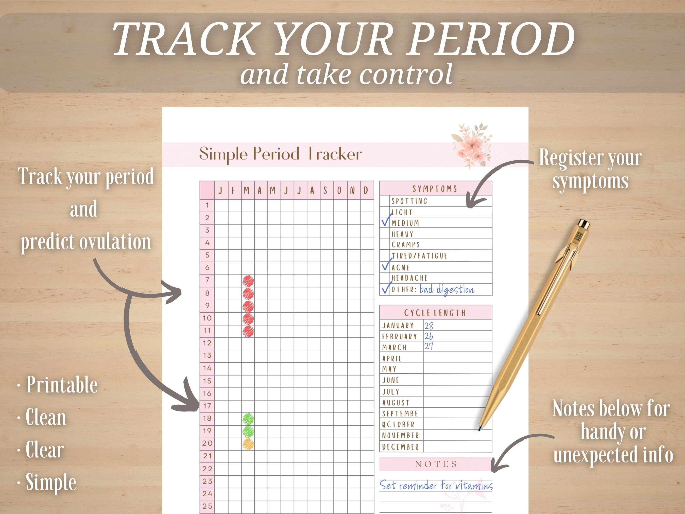 Printable Period Tracker, Period Journal, Symptom Tracker, Fertility ...