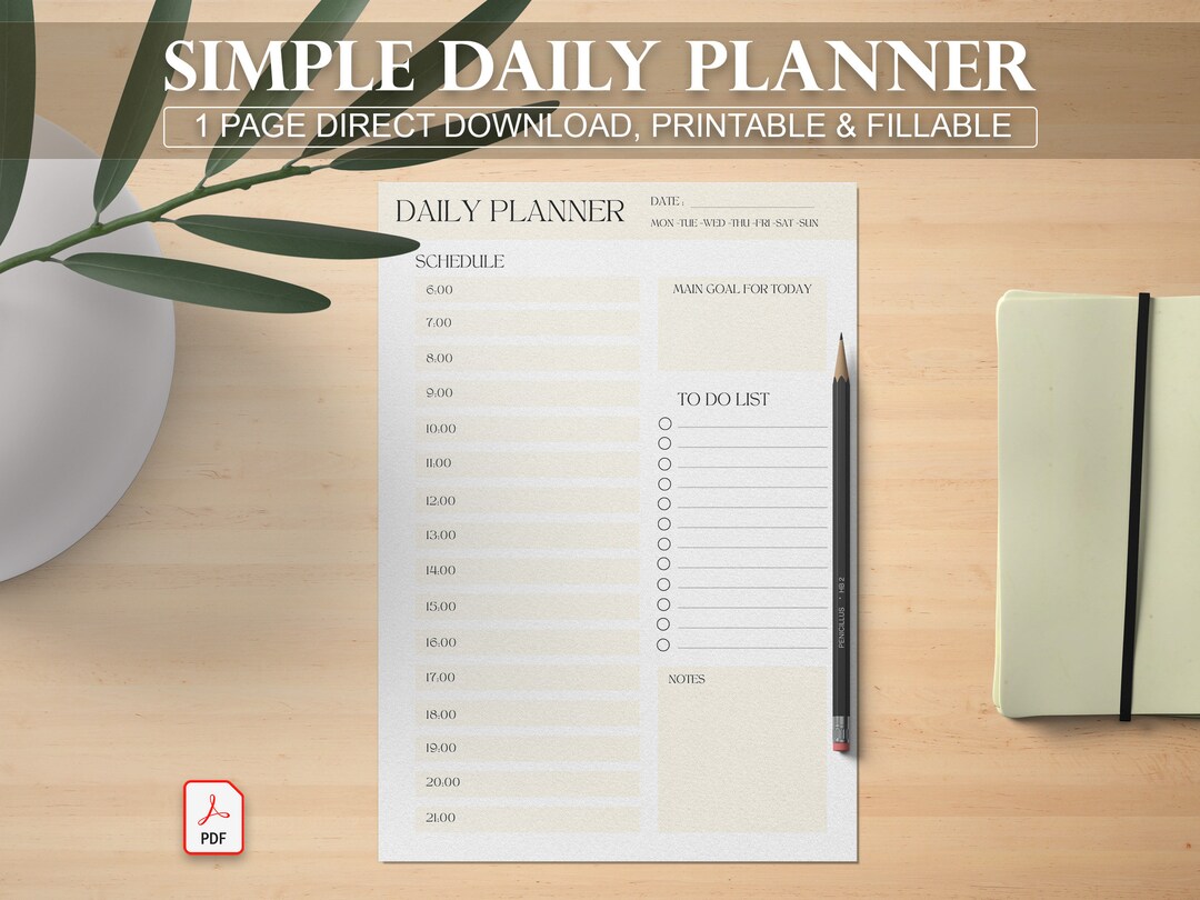 Printable Simple Clean Daily Planner PDF, Digital Template for Simple ...