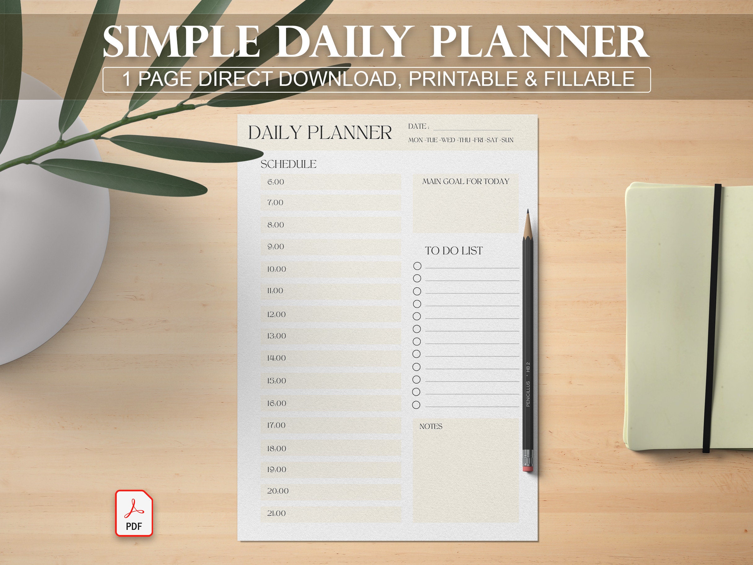 Printable Simple Clean Daily Planner PDF, Digital Template for Simple ...