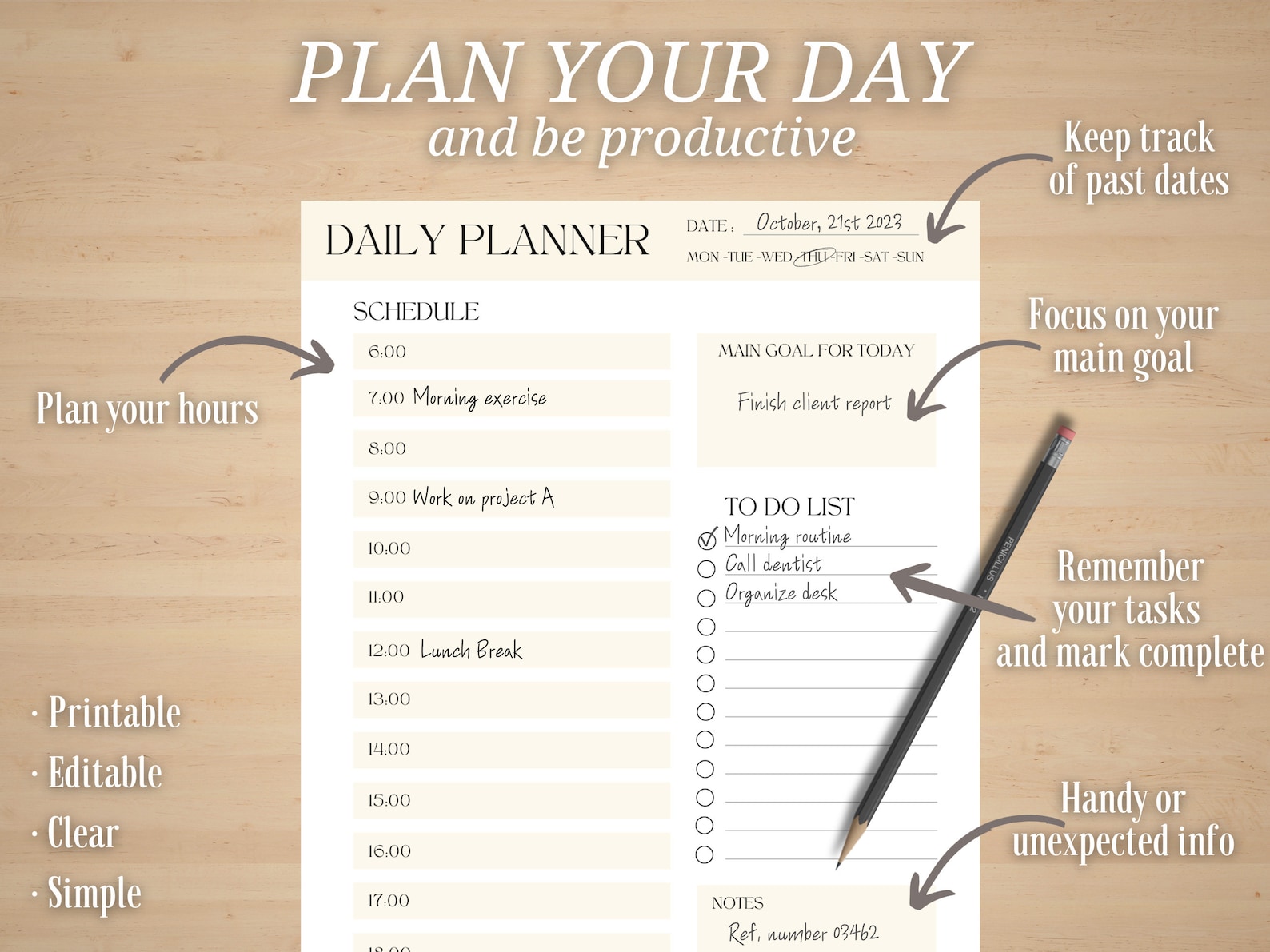 Printable Simple Clean Daily Planner PDF, Digital Template for Simple ...