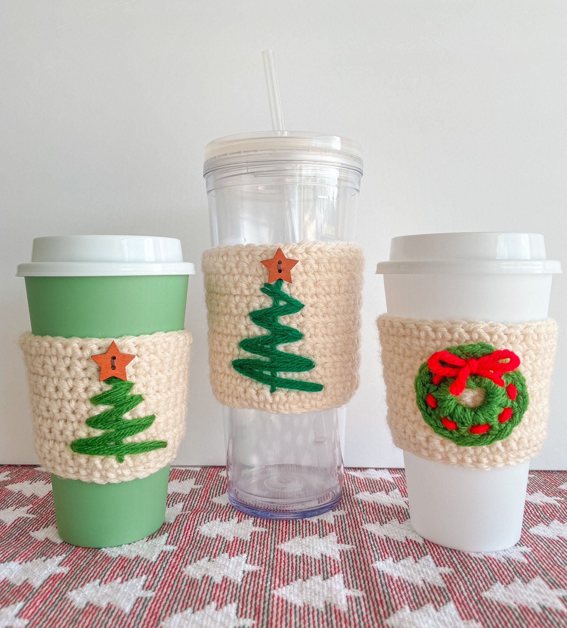 Crochet Christmas Cup Cozy, Festive Tree and Wreath Design, Holiday ...