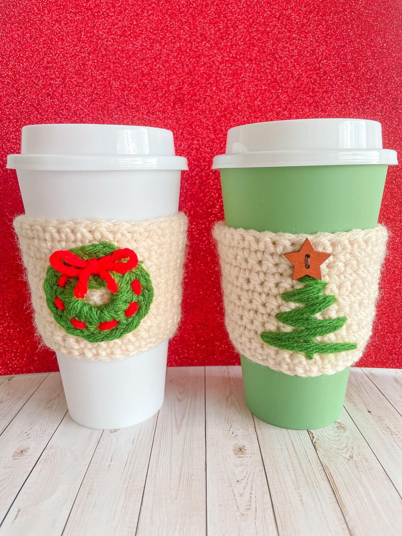 Crochet Christmas Cup Cozy, Festive Tree and Wreath Design, Holiday ...