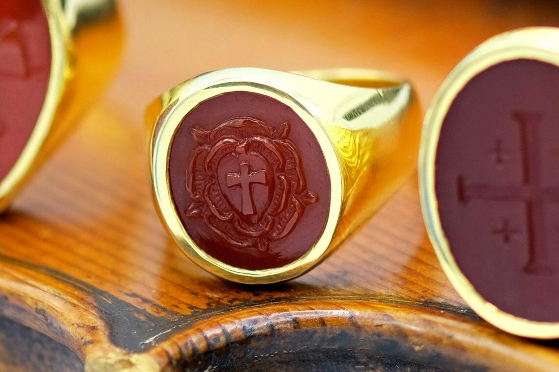 Rosicrucian Ring Red Agate Hand Sculpted Gold Plated Sterling Silver ...