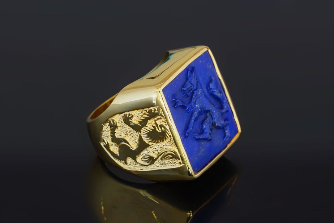 Wolf Ring Lapis Square Carved Gold Plated Sterling Silver 925 - Etsy