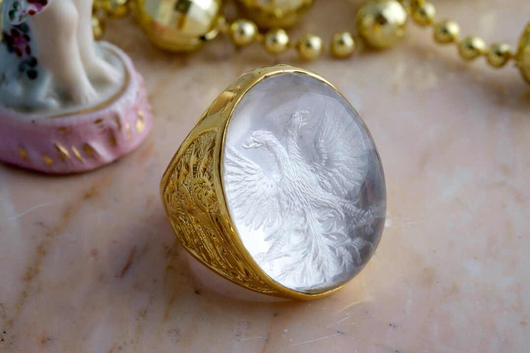 Rock Crystal Ring Heraldic Eagle Family Crest Gold Plated Sterling ...