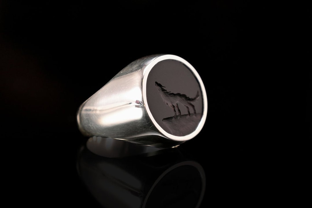 Wolf Ring Black Onyx Intaglio Seal Heraldic Signet Sterling Silver 925 - Etsy