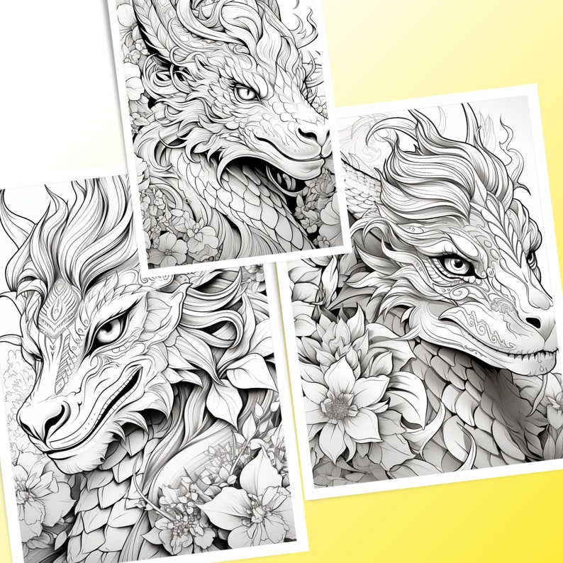 Flower Dragon Fantasy Coloring Book Print on Demand Printable Coloring ...