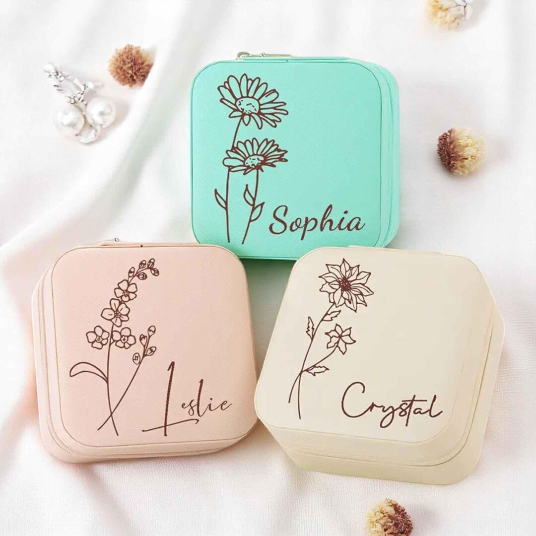 Personalized Birth Flower Jewelry Box, Custom Travel Jewelry Box, Gift ...