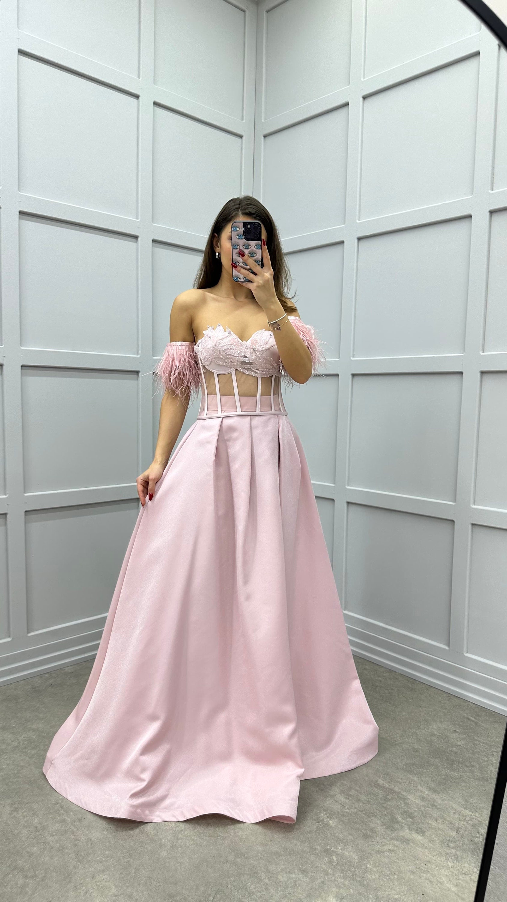 Chest Embroidered Transparent Detail Feathered Design Evening Dress ...