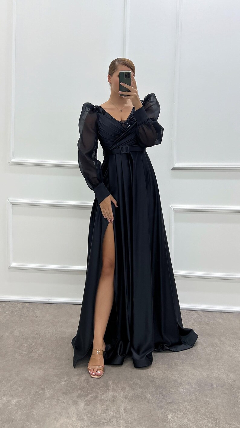 Balloon Sleeve Chest Embroidered Design Satin Plus Size Evening Dress ...