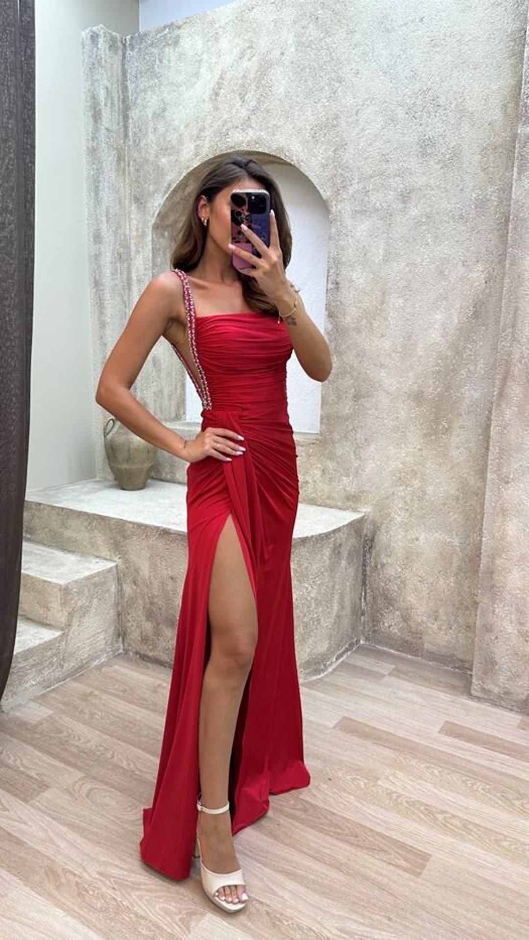 Shirred Detail Stone Embroidered Design Evening Dress, 18431 - Etsy