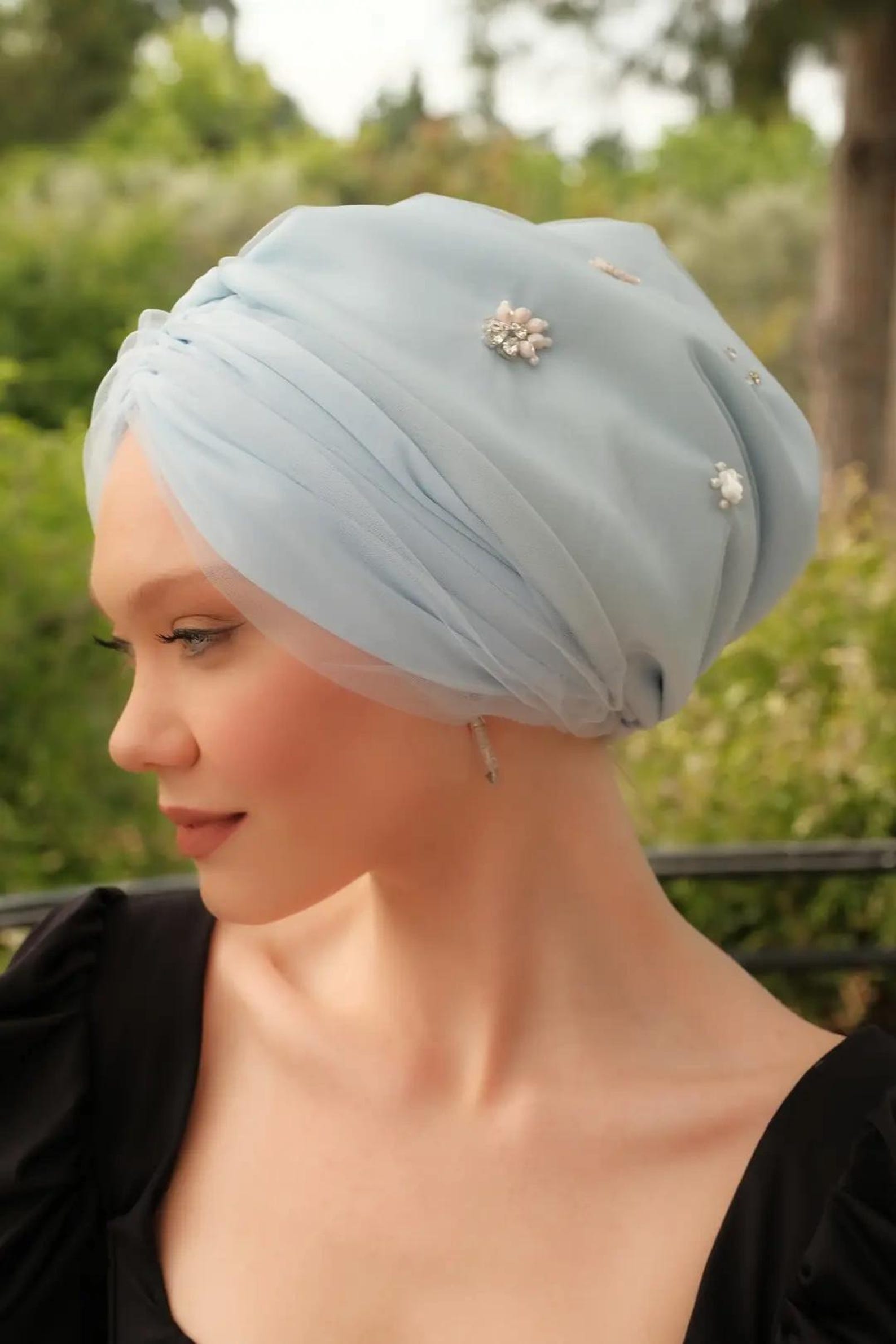 Elegant Blue Stuffed Turban Bonnet With Soft Tulle Layers and ...