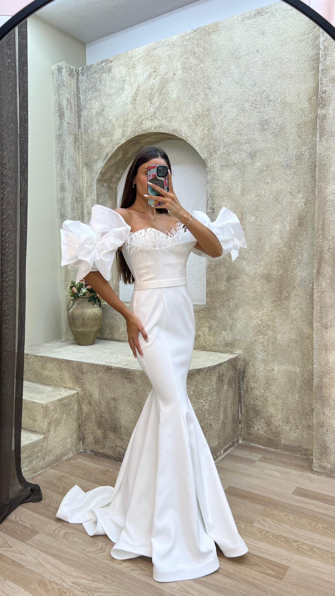 Balloon Sleeve Chest Feather Detail Embroidered Design Evening Dress ...