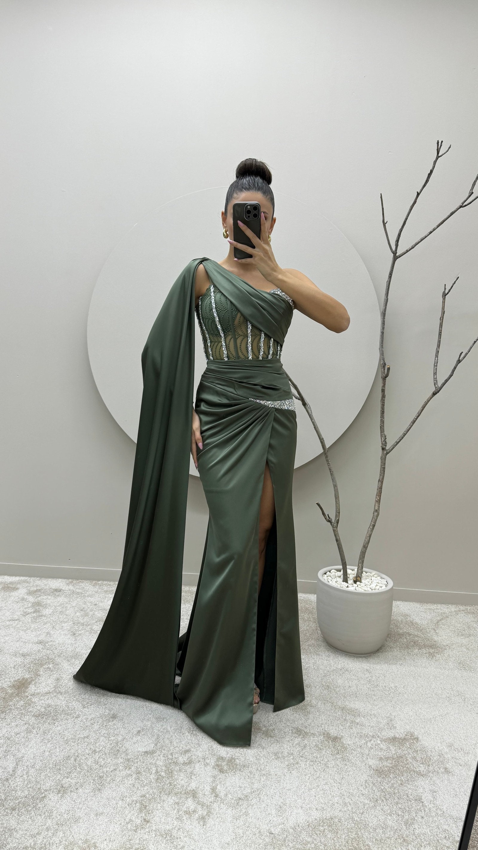One Shoulder Embroidered Transparent Waist Design Evening Dress,22163 ...